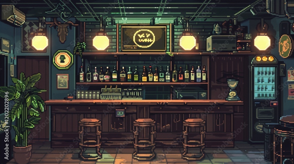 Cozy pixel art-style bar interior. Wooden counter, stools, bottles on ...
