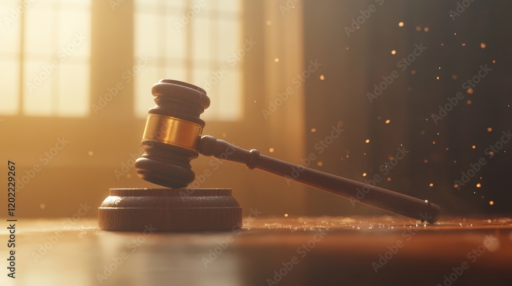 Wooden judge gavel hitting sound block with golden band and dust ...