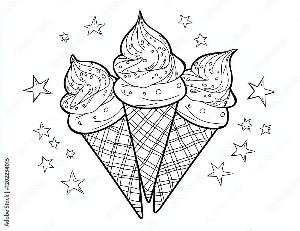 Coloring page featuring three ice cream cones with sprinkles and stars ...