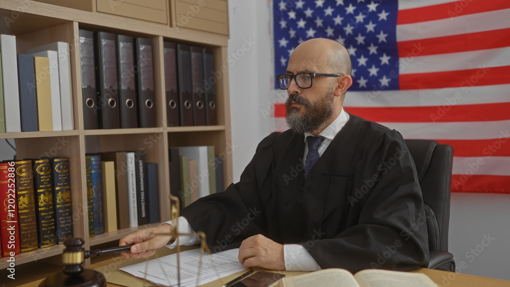 Hispanic man judge working in an office courtroom setting with an ...