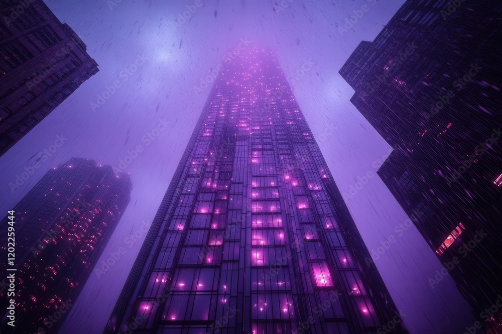 towering modernist skyscraper captured during electric storm, purple ...