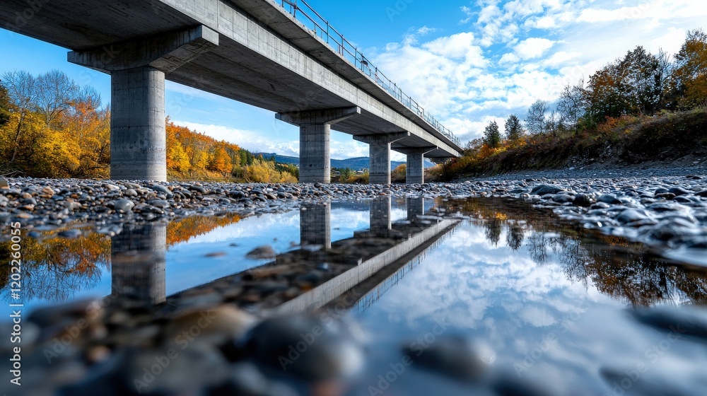 Concrete bridge construction over a river, with dynamic reflections and ...