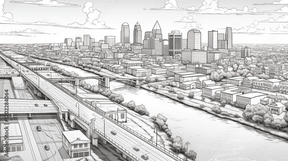 Croquis, dessin d'architecte. Croquis noir et blanc d'une grande ville ...