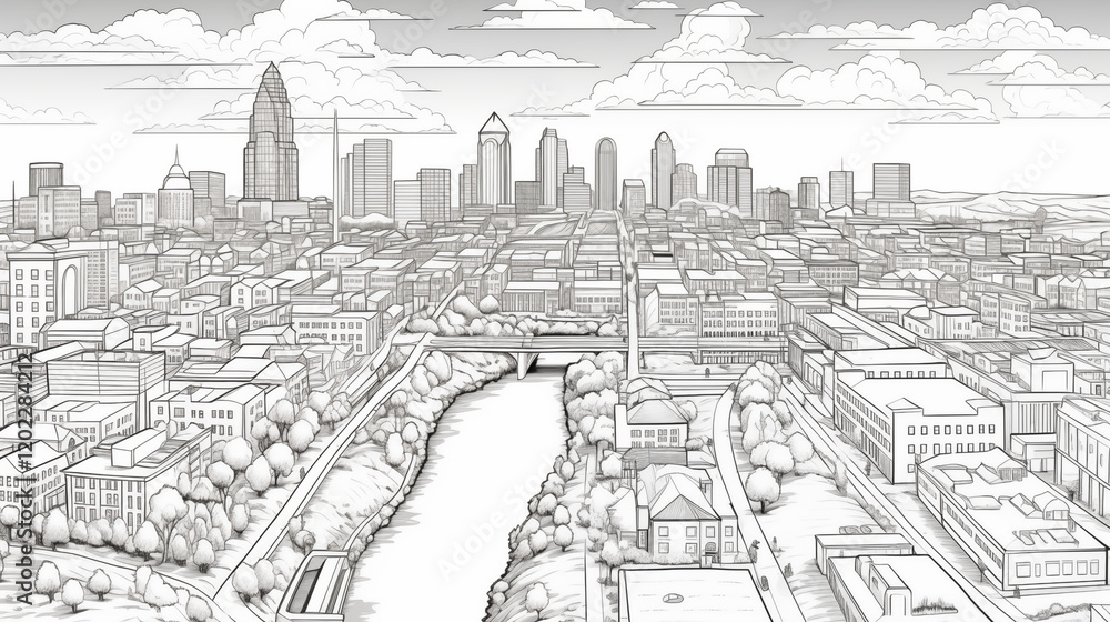 Croquis, dessin d'architecte. Croquis noir et blanc d'une grande ville ...