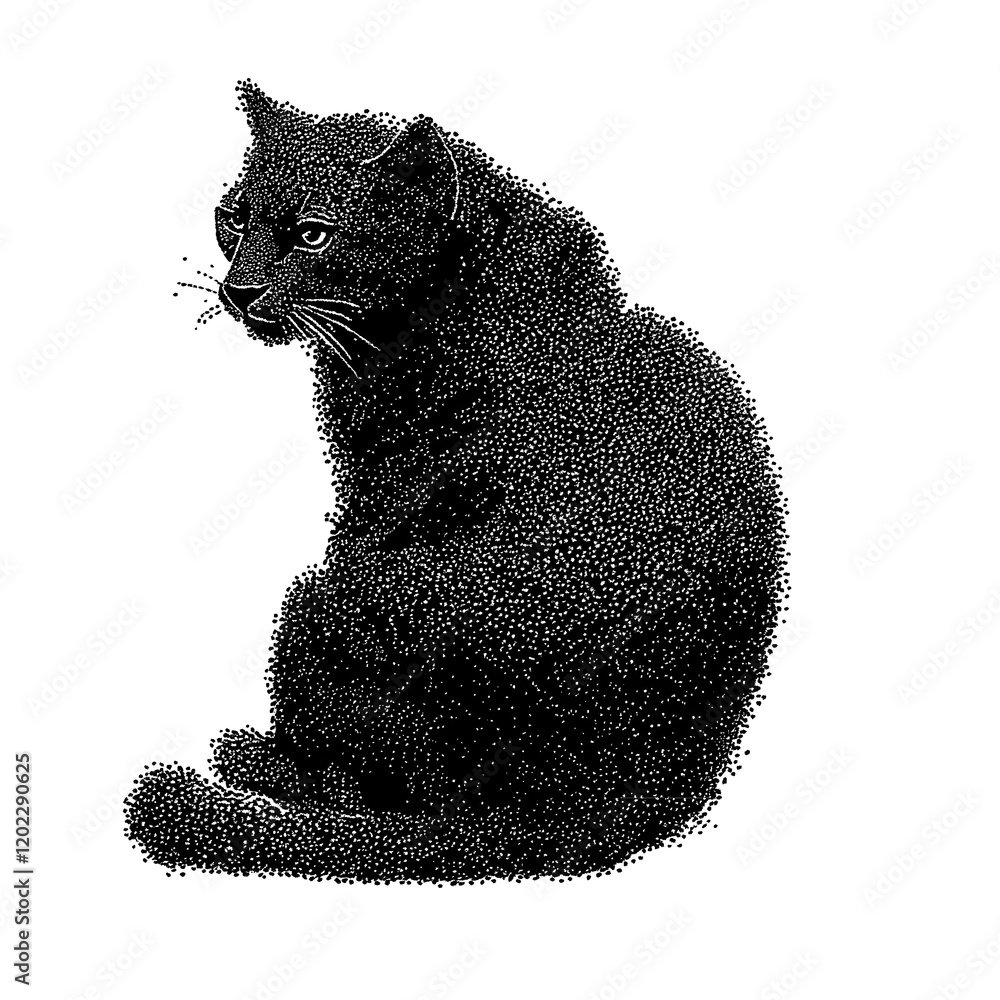 Pointillism black cat sitting with tail curled isolated png transparent ...