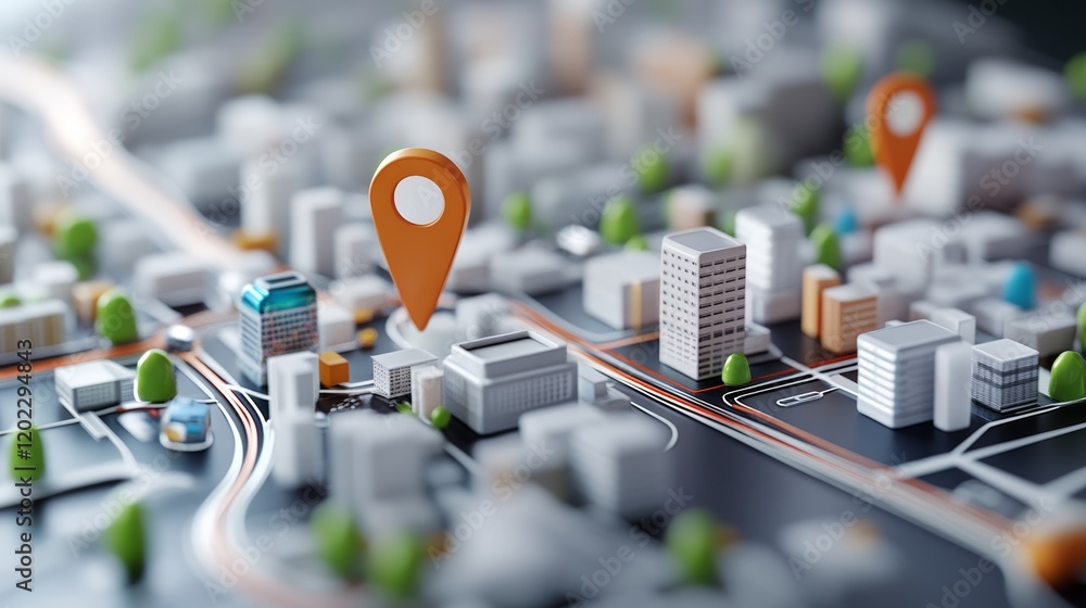 Orange location pin pointing a specific building on a 3d city map with ...