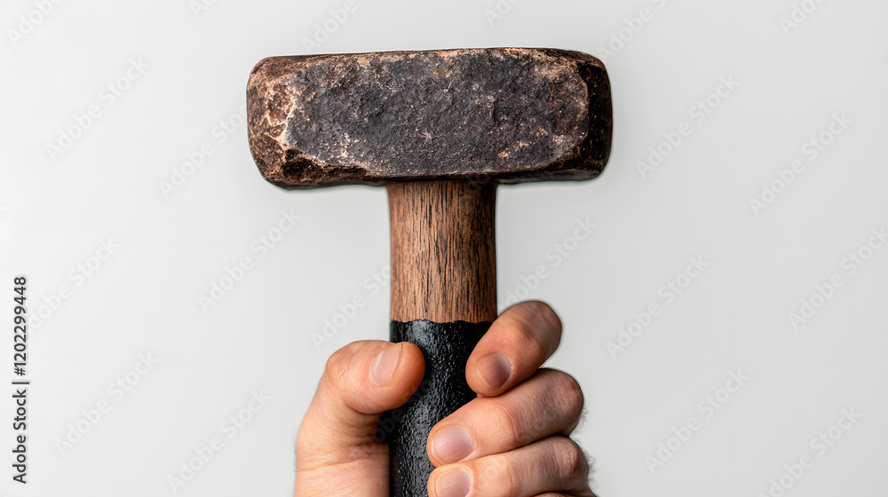 Hand gripping a rusted mallet with a sturdy wooden handle and steel ...