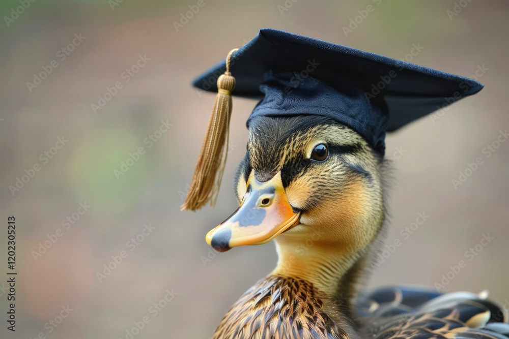 Brown wild duck wearing black graduation cap on gray natural background ...