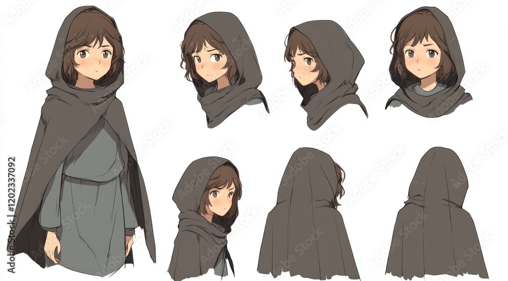 Hooded girl character design sheet, various poses, white background, animation concept art Stock ...