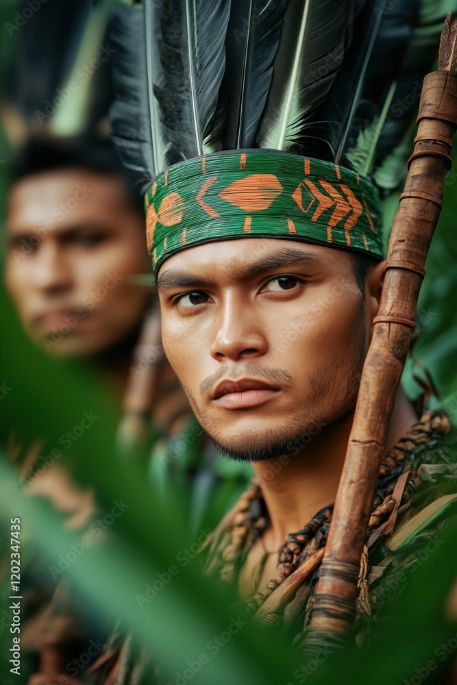 Tribal hunters in dense forest wielding handmade weapons, showcasing ...