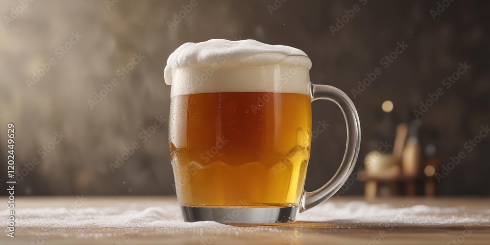 Filled glass containing frothy beer and foam resembling a wavy curve on ...