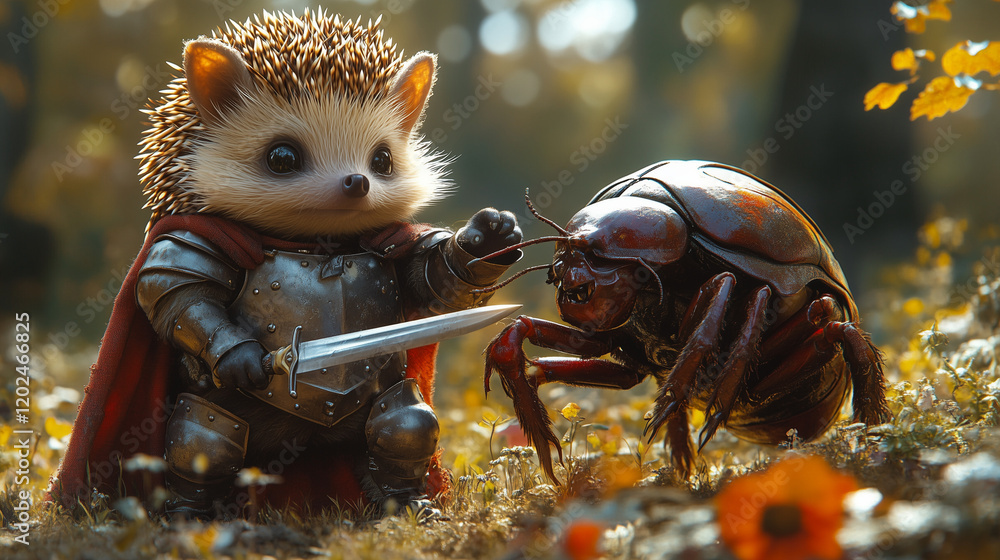Hedgehog knight fighting a giant beetle in a colorful forest Stock ...