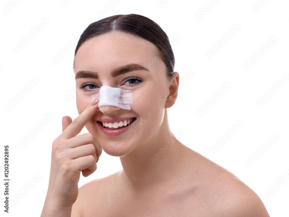 Woman with medical bandage on her nose after plastic surgery operation ...