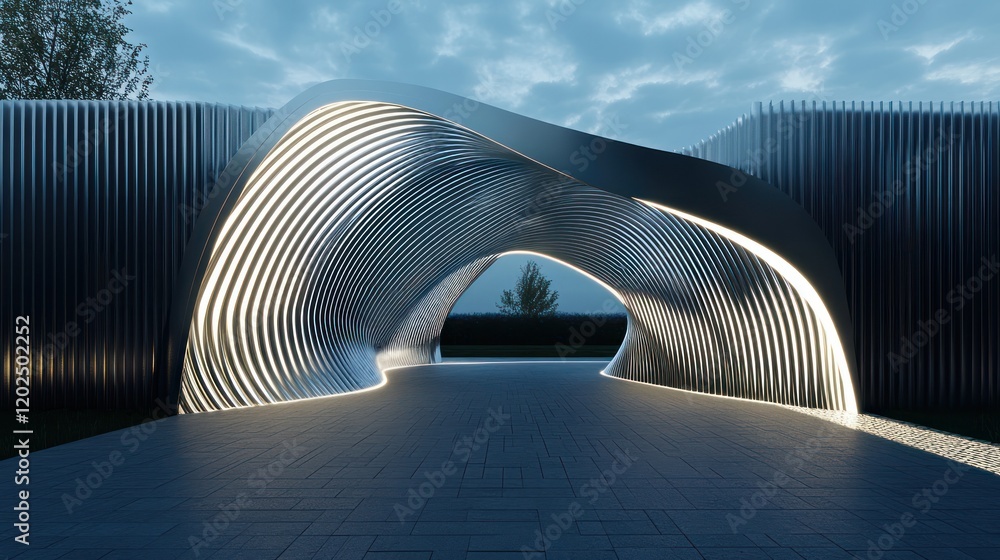 Futuristic parametric gate with undulating metal strips and integrated ...