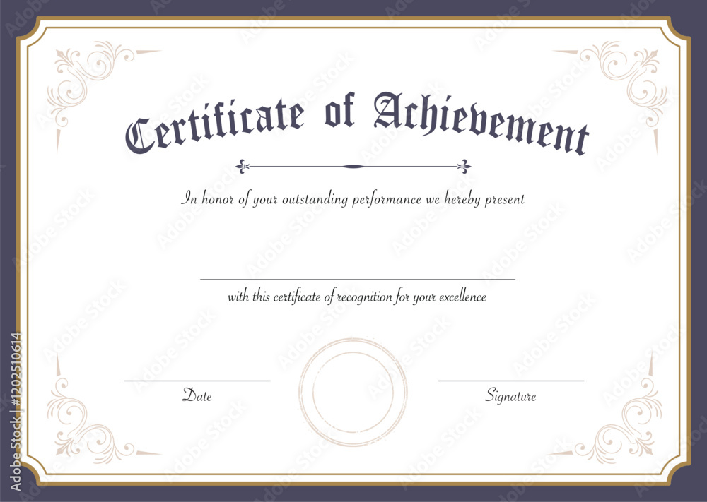 Retro certificate of achievement paper template with blue gold border ...