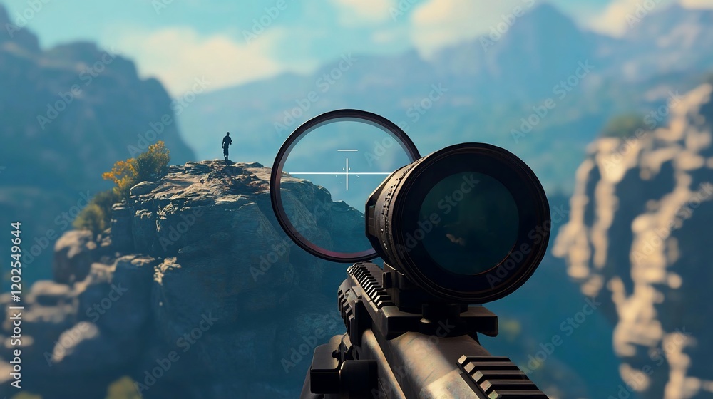 Sniper aiming at a person on a mountain peak with mountainous ...