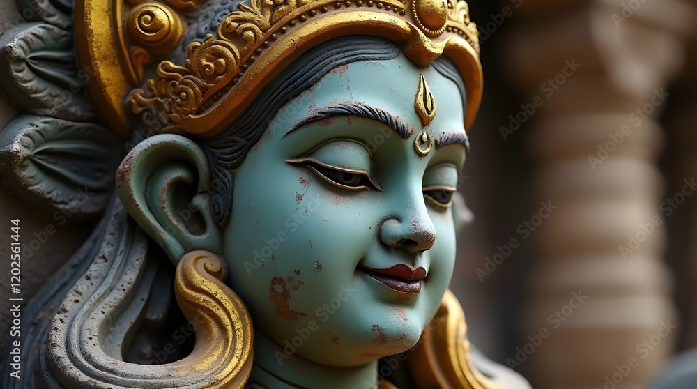 Weathered Statue of a Hindu God with a Golden Crown, Representing ...
