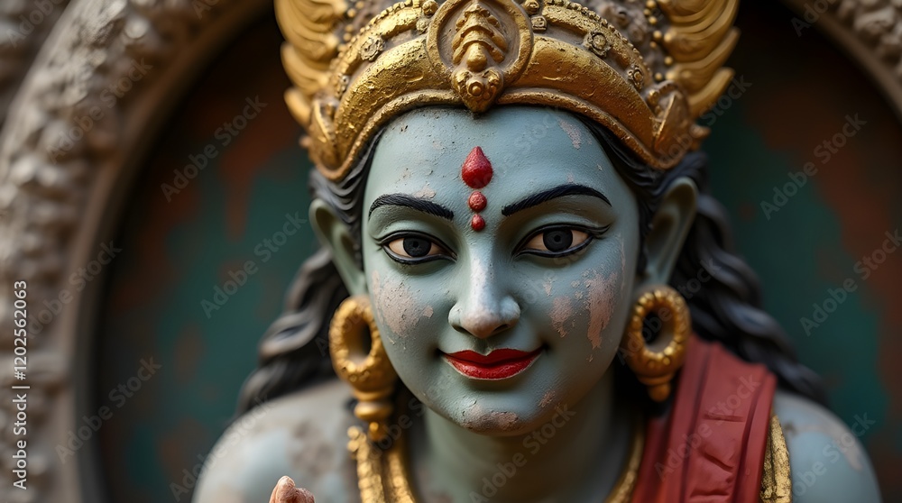 Weathered Statue of a Hindu God with a Golden Crown, Representing ...