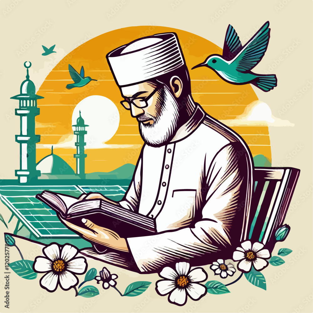 Cartoon vector illustration of Mr. Ustad reciting and reading Stock ...