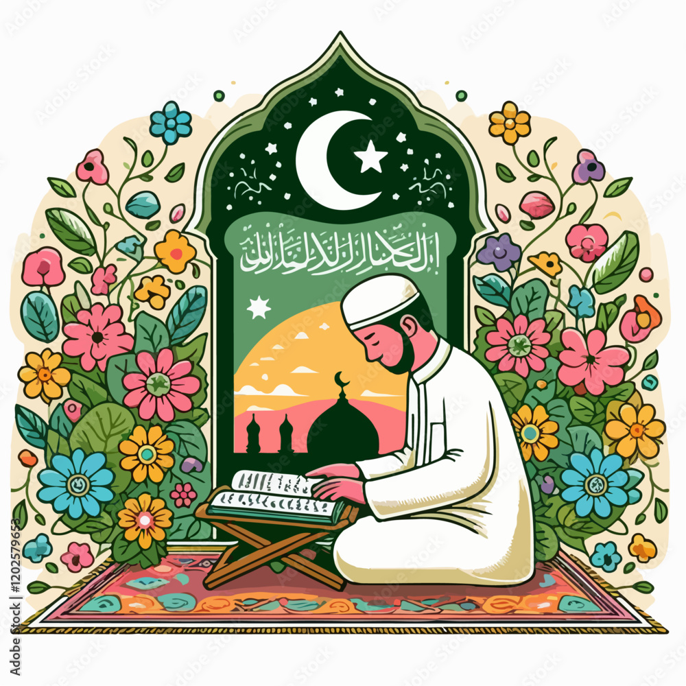 Cartoon vector illustration of Mr. Ustad reciting and reading Stock ...
