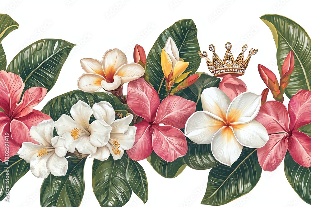 Elegant drawing of Hawaiian native plants - maile lei, pikake, plumeria ...