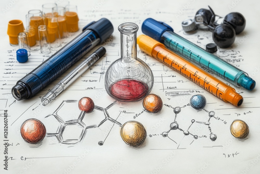 Chemistry Lab Sketch Erlenmeyer Flask, Pens, Molecular Structures Stock ...