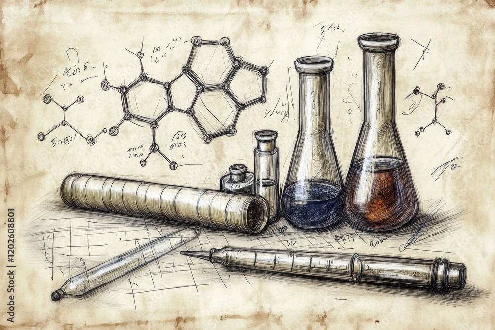 Vintage Scientific Illustration Erlenmeyer Flasks, Syringes, Molecular ...