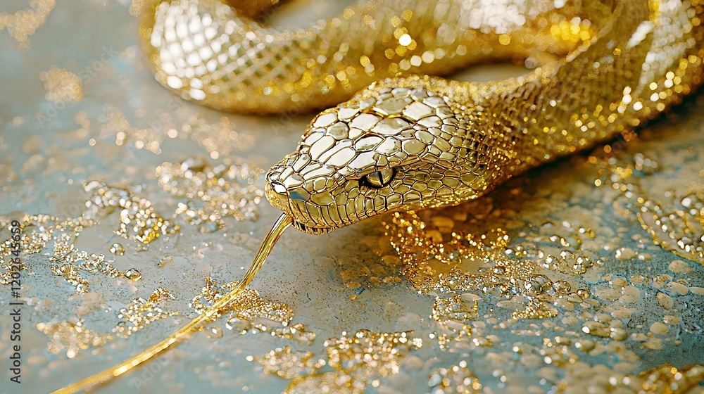 A close-up photo of a golden snake resting on a gold-flecked surface ...
