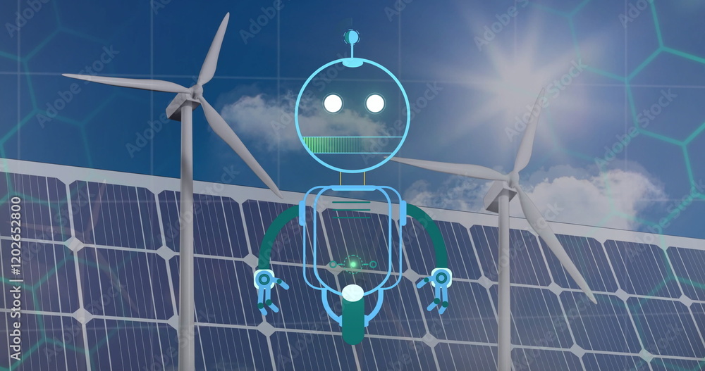 Robot image over wind turbines and solar panels, representing renewable ...