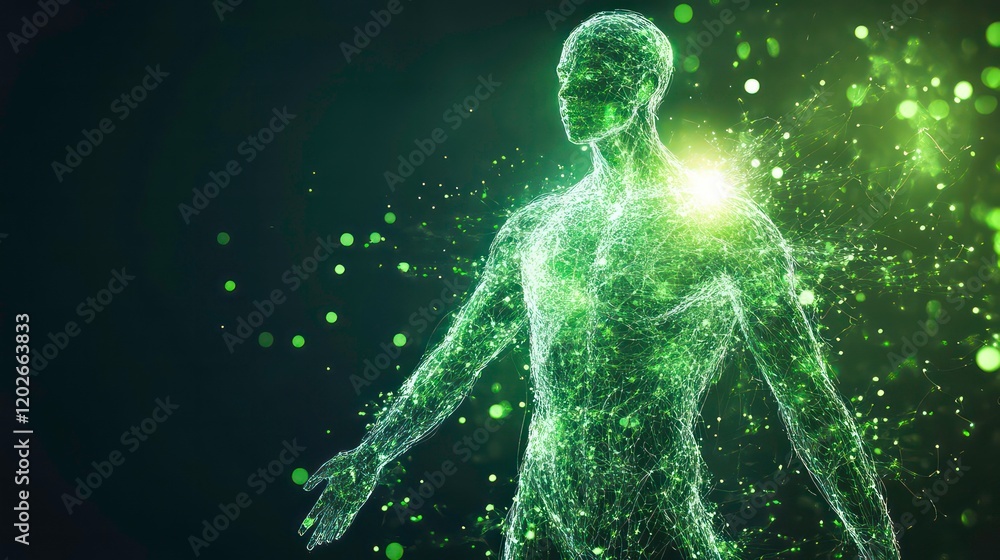 Glowing green human body energy, particles, concept. Stock Photo ...