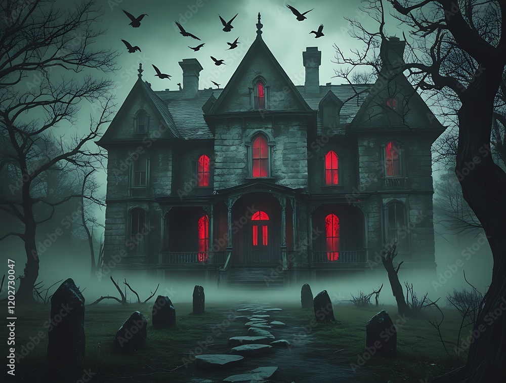 Eerie Haunted House with Crows in Foggy Night Atmosphere, Abandoned ...