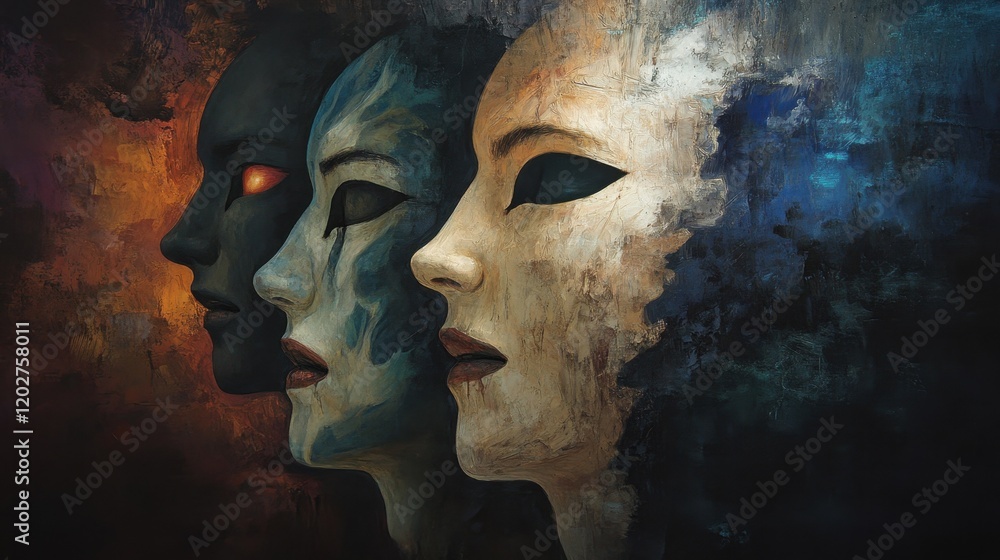 Conceptual art exploring the duality of human emotions, featuring masks ...