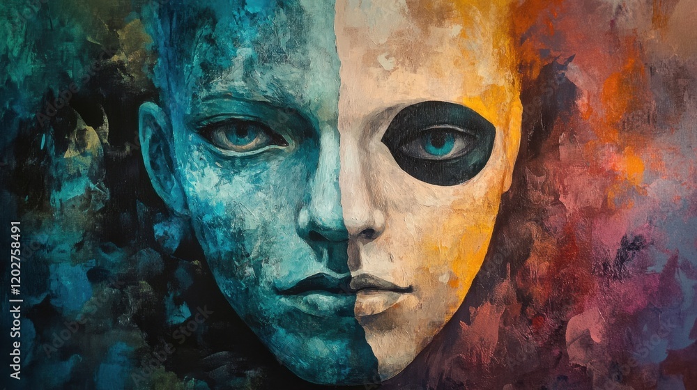 Conceptual art exploring the duality of human emotions, featuring masks ...