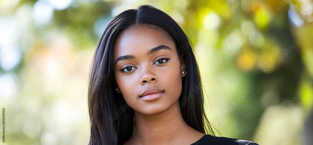 Woman's portrait, outdoors, nature background, serene expression ...