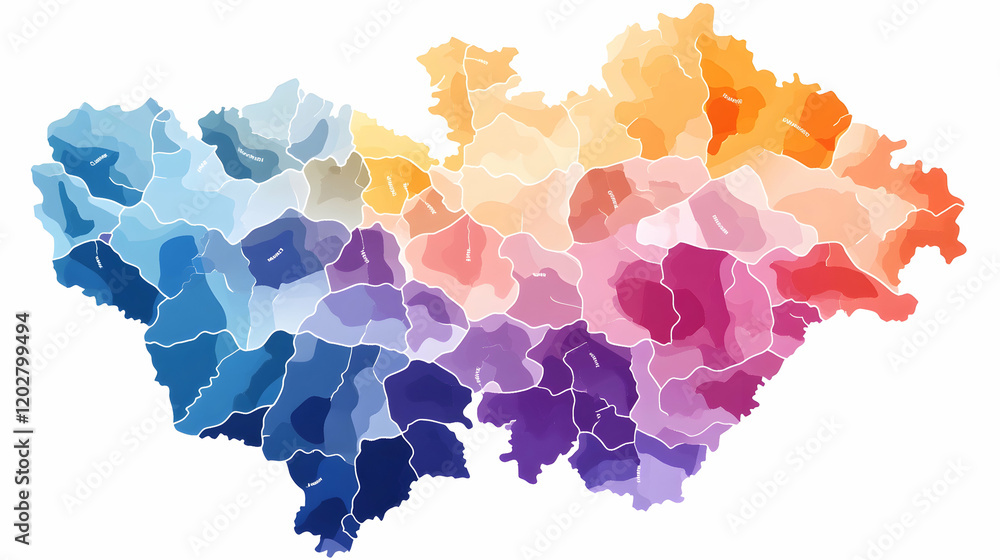 Colorful regional map of France, showing diverse districts, data ...