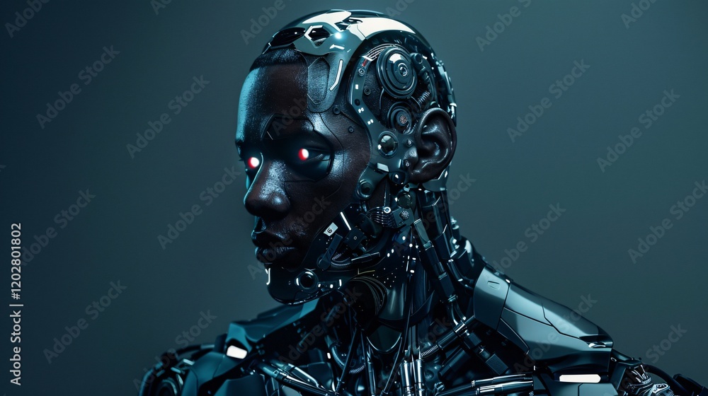 Upper body portrait of a handsome cyborg, mix of cyborg and human head ...