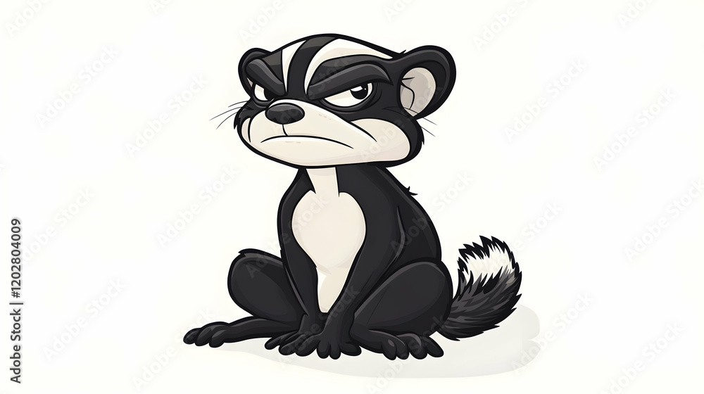 Grumpy cartoon badger sitting, white background, illustration for kids ...