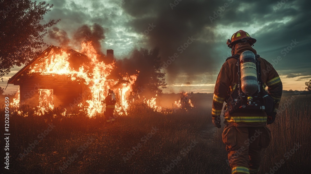 Firefighters in full gear standing in front of a house engulfed in ...