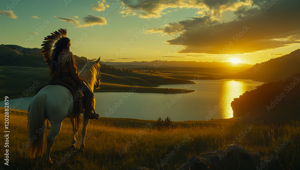 Cinematic still of a Native warrior on horseback, with long flowing ...