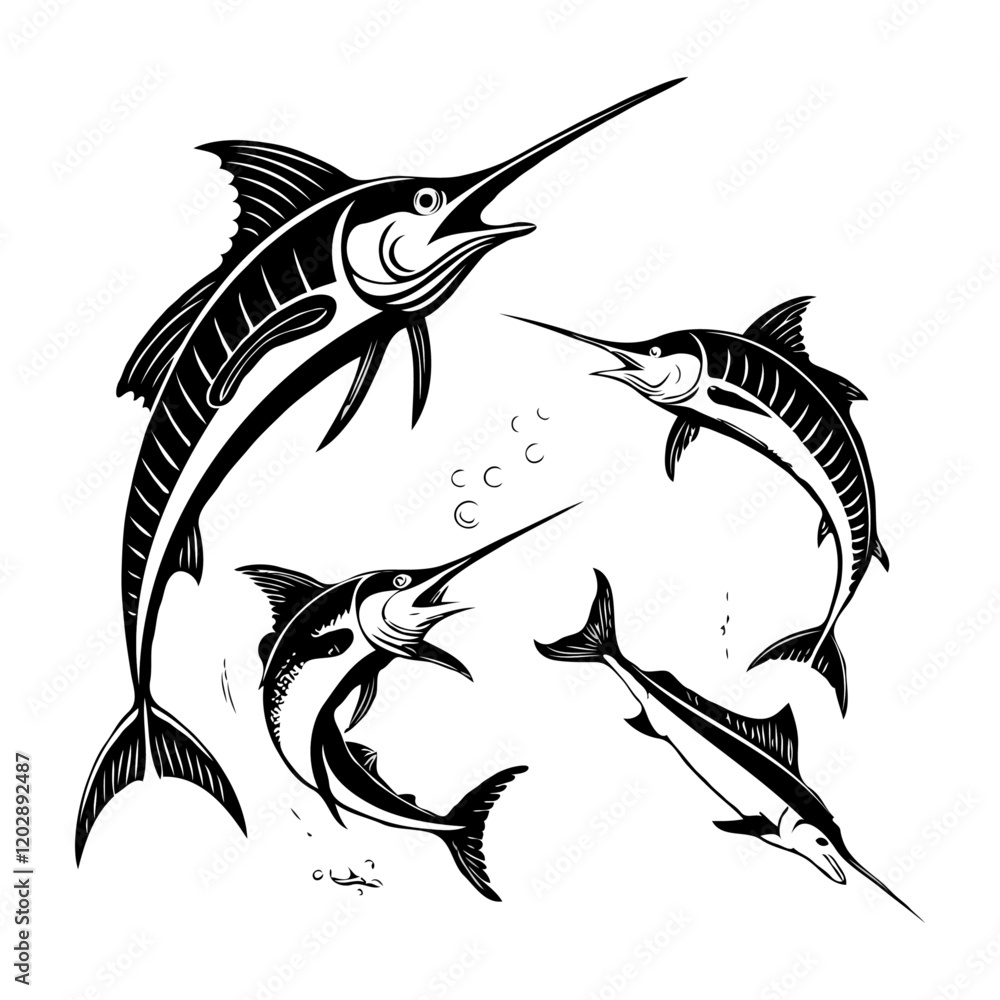 Marlin sea fish silhouette, marlin fish in different poses, sword fish ...