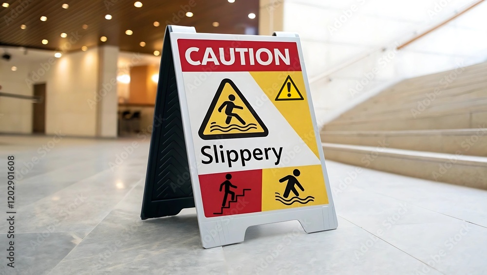 Caution Slippery Floor Sign in Public Hallway, Safety Warning for Wet ...