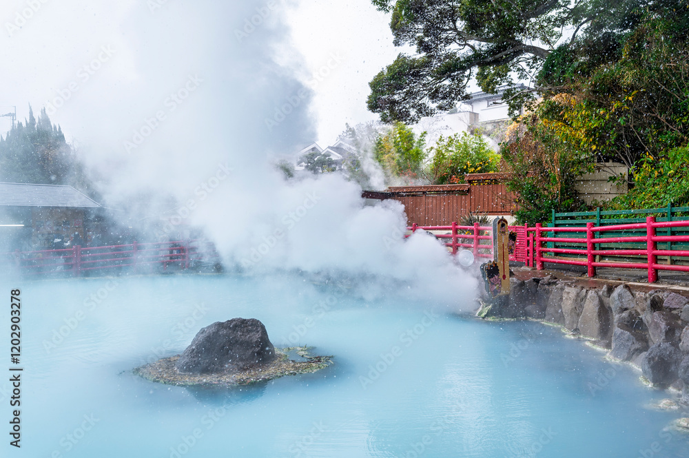 Tourist take photo Cobalt blue hell pond of Kamado Jigoku, Japanese hot ...