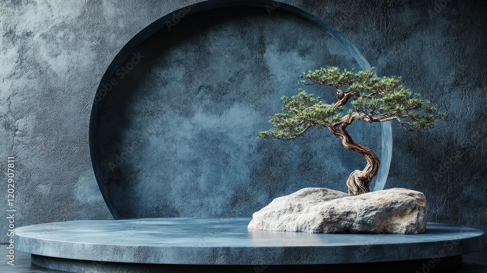 Serene bonsai tree displayed on a minimalist stone pedestal against a ...