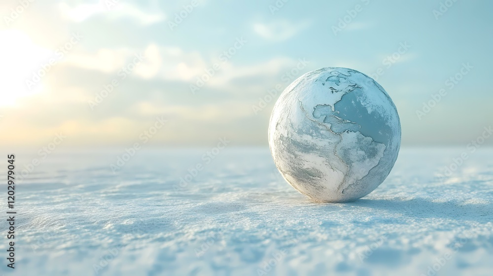 Frozen Earth globe on snowy landscape, sunset backdrop; climate change ...