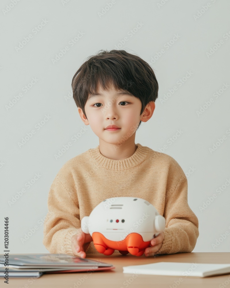 Tech-Infused Learning Young Korean Boy with Smart Educational Robot on Wood Desk - Enhancing ...