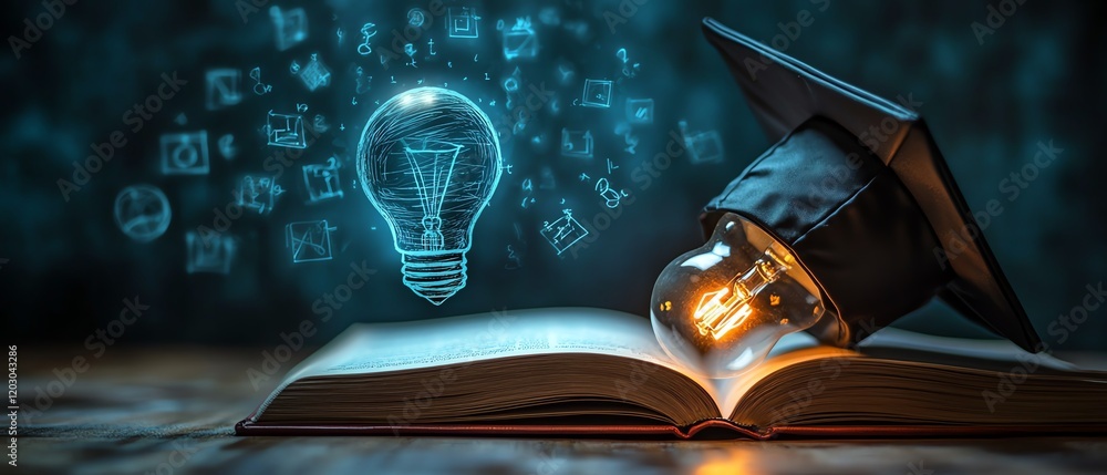 Graduation cap on lightbulb, resting on open book with floating mathematical symbols ...