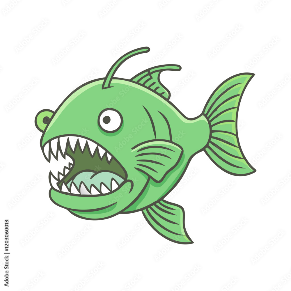 Cartoon green angler fish with sharp teeth, A cartoon illustration of a ...