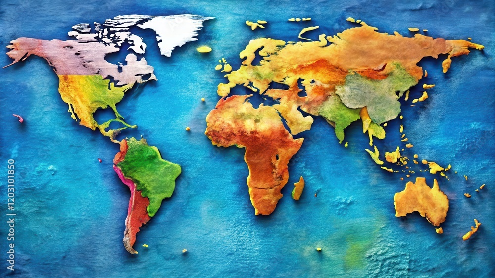 ภาพประกอบ Stock Colorful world map with continents and oceans , terrain ...