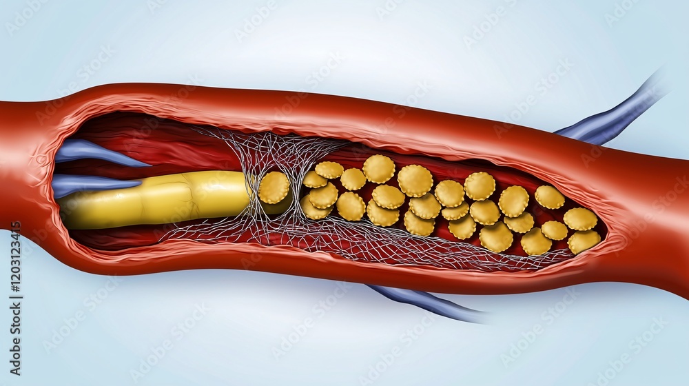 detailed view of blood platelets aggregating at an injury site and ...