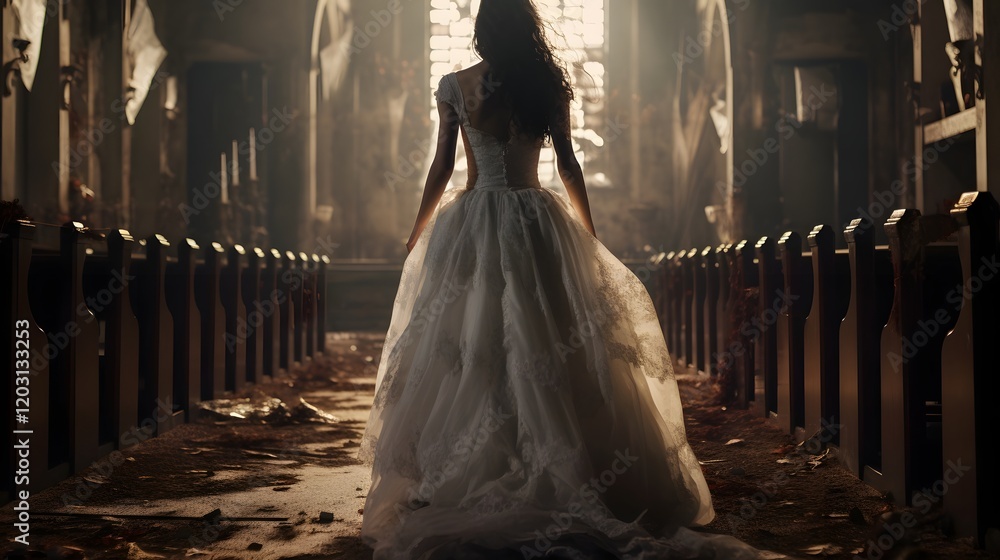 Eerie and haunting image of a zombie bride in a torn wedding dress ...